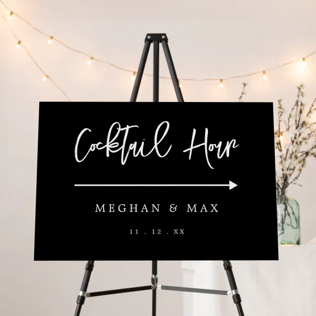 Black Calligraphy Cocktail Hour Directions Sign | Zazzle