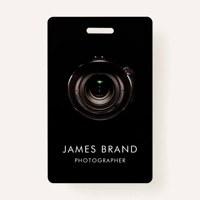 Black Camera Lens Photographer ID Badge | Zazzle