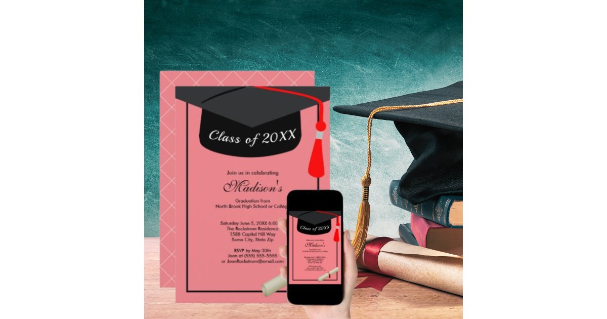 Black Cap Diploma Modern Pink Graduation Party Invitation | Zazzle