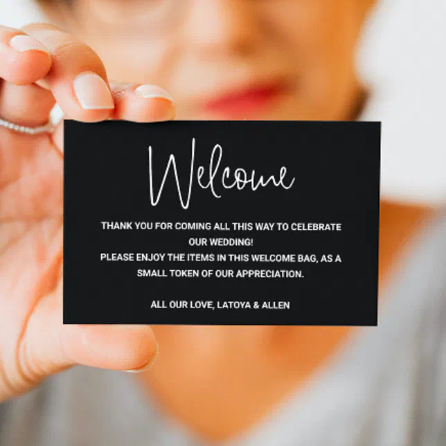 Black Casual Script Wedding Welcome Gift Basket Place Card | Zazzle