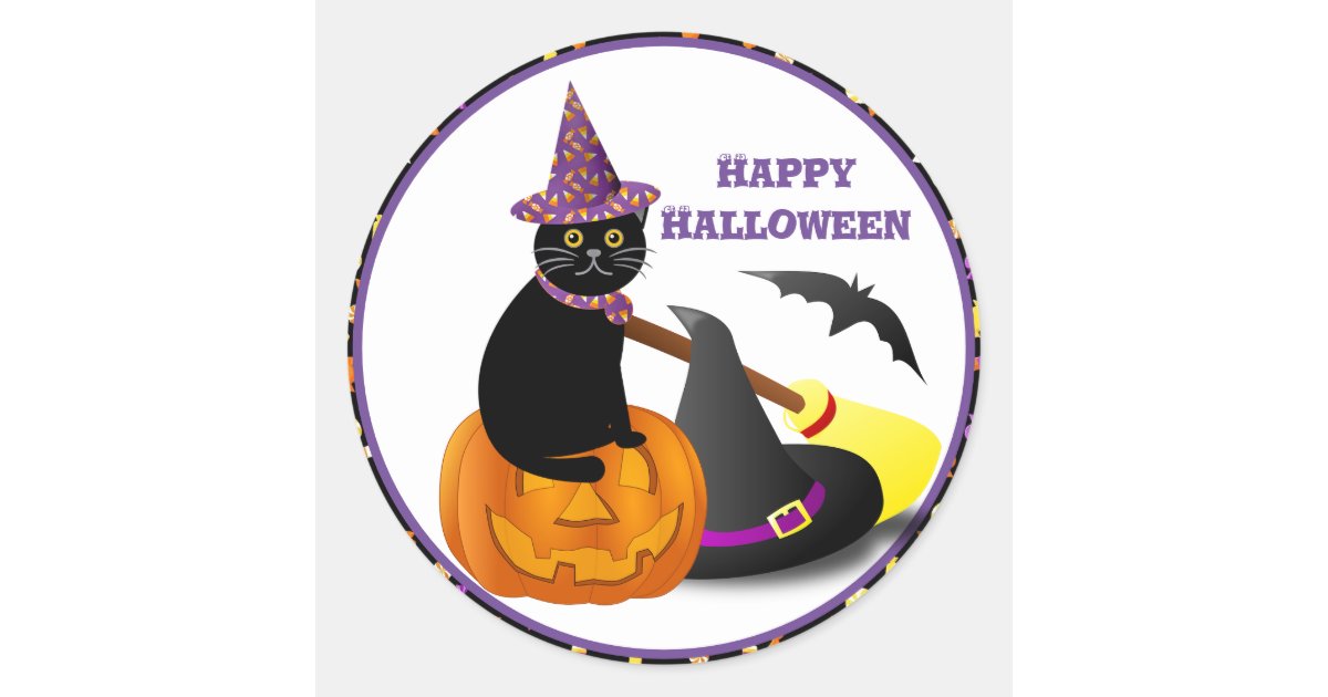 Black Cat and Pumpkin Happy Halloween Classic Round Sticker | Zazzle