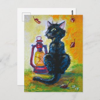 Black cat and red lantern lamp postcard | Zazzle