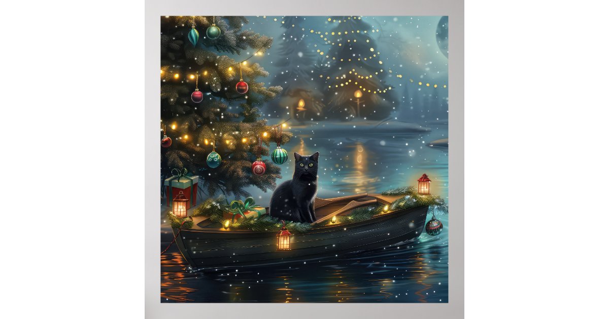 Black Cat Christmas Festive Voyage Poster | Zazzle