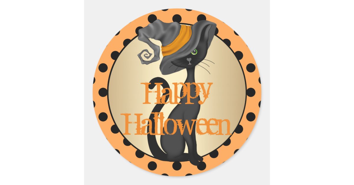 Black Cat Happy Halloween Classic Round Sticker | Zazzle