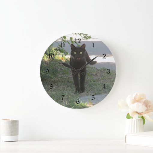 Black Cat in a Garden Large Clock | Zazzle