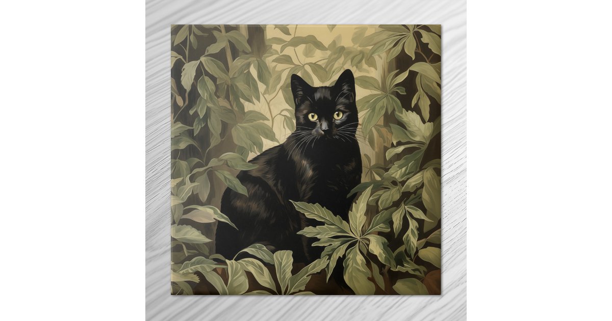 Black Cat in Lush Forest Ceramic Tile | Zazzle