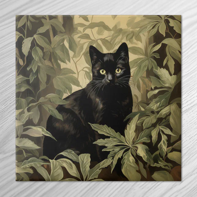 Black Cat in Lush Forest Ceramic Tile | Zazzle