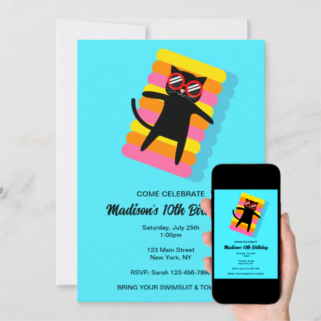 Black Cat Pool Party Birthday Invitation | Zazzle
