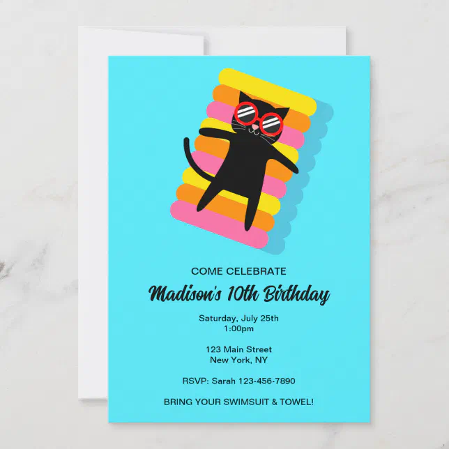 Black Cat Pool Party Birthday Invitation | Zazzle