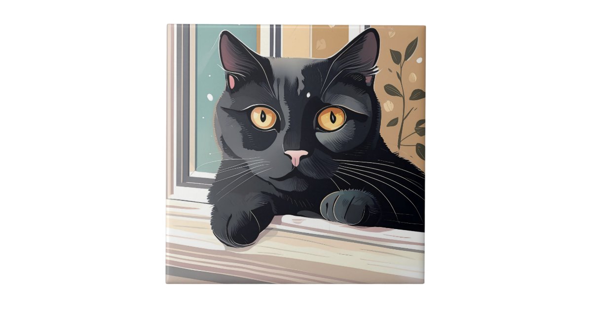Black cat sitting Art Ceramic Tile | Zazzle