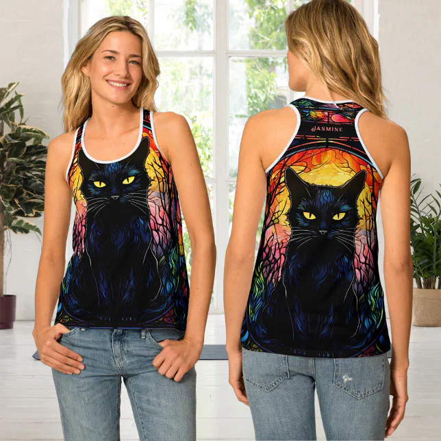 Black Cat Stained Glass Red Spooky Yoga Tank Top | Zazzle