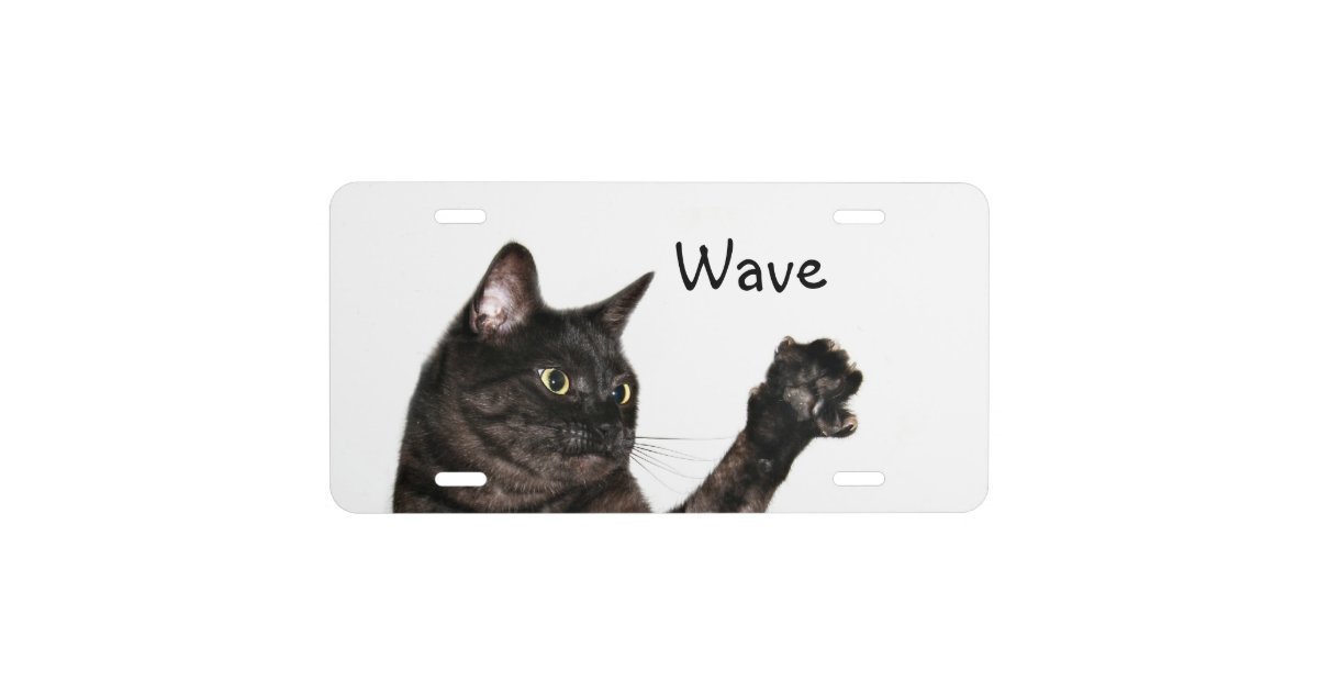 Black cat waves license plate | Zazzle