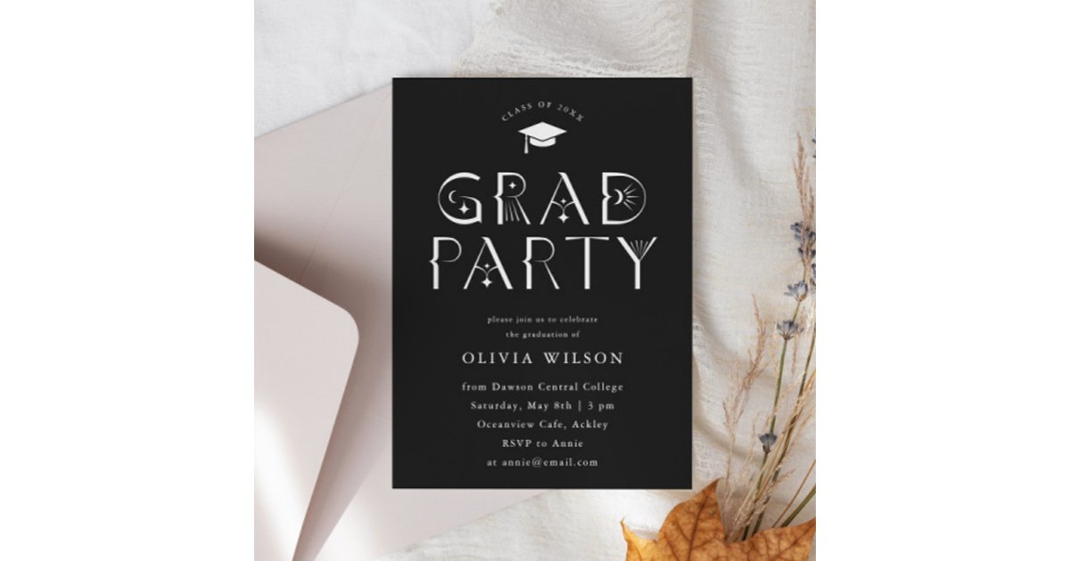 Black Celestial Typography Grad Party Invitation | Zazzle