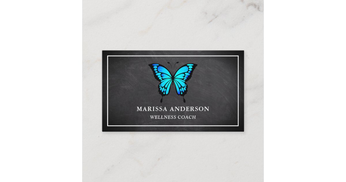 Black Chalkboard Elegant Blue Butterfly Business Card | Zazzle