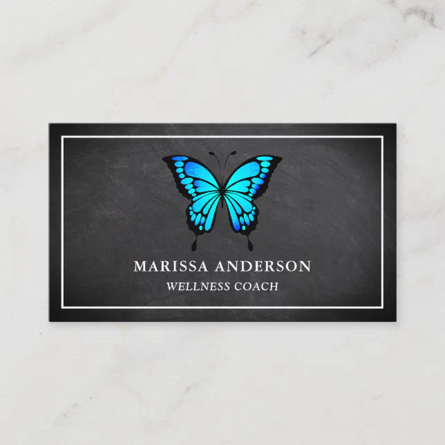 Black Chalkboard Elegant Blue Butterfly Business Card | Zazzle