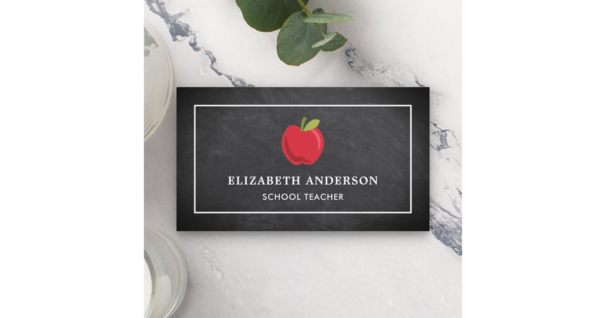 Black Chalkboard Red Apple School Teacher Business Card | Zazzle
