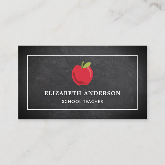 Black Chalkboard Red Apple School Teacher Business Card | Zazzle