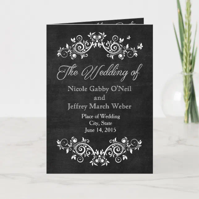 Black Chalkboard Rustic White Flourishes Wedding Program | Zazzle