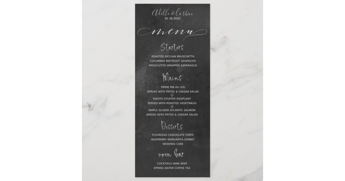 Black Chalkboard Silver Fancy Cursive Calligraphy Menu | Zazzle