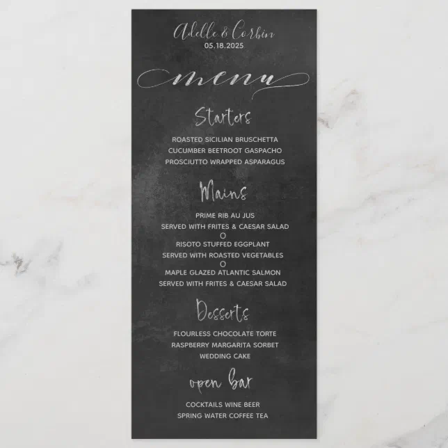 Black Chalkboard Silver Fancy Cursive Calligraphy Menu | Zazzle