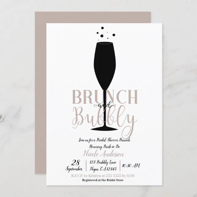 Black Champagne Glass Brunch Bubbly Bridal Brunch Invitation | Zazzle