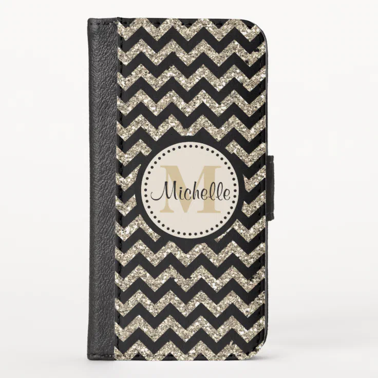 Black Chevron Silver Gold Faux Glitter Monogram iPhone Wallet Case | Zazzle