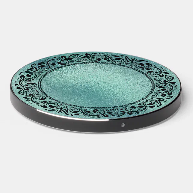 Black Circle Mandala Turquoise Iridescent Texture Wireless Charger | Zazzle