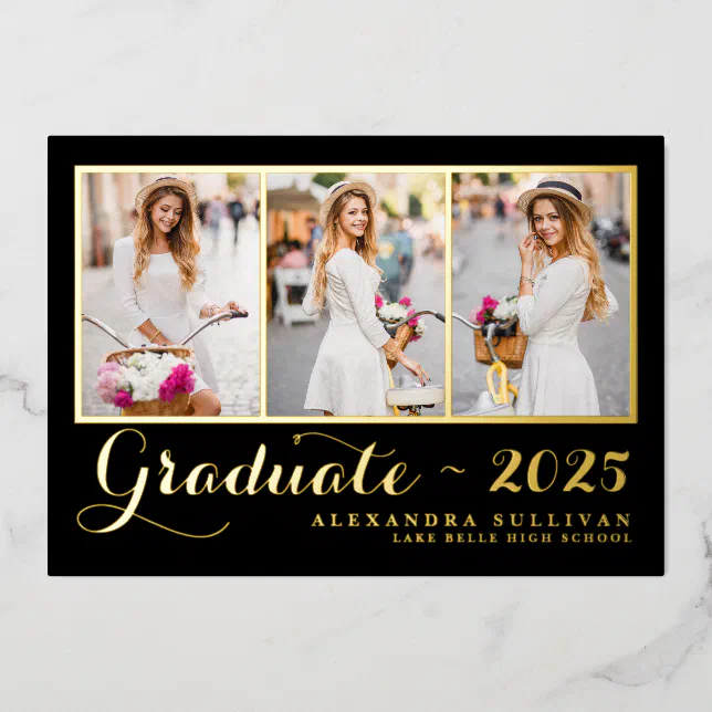 Black Class of 2025 Photo Collage Graduation Foil Invitation | Zazzle