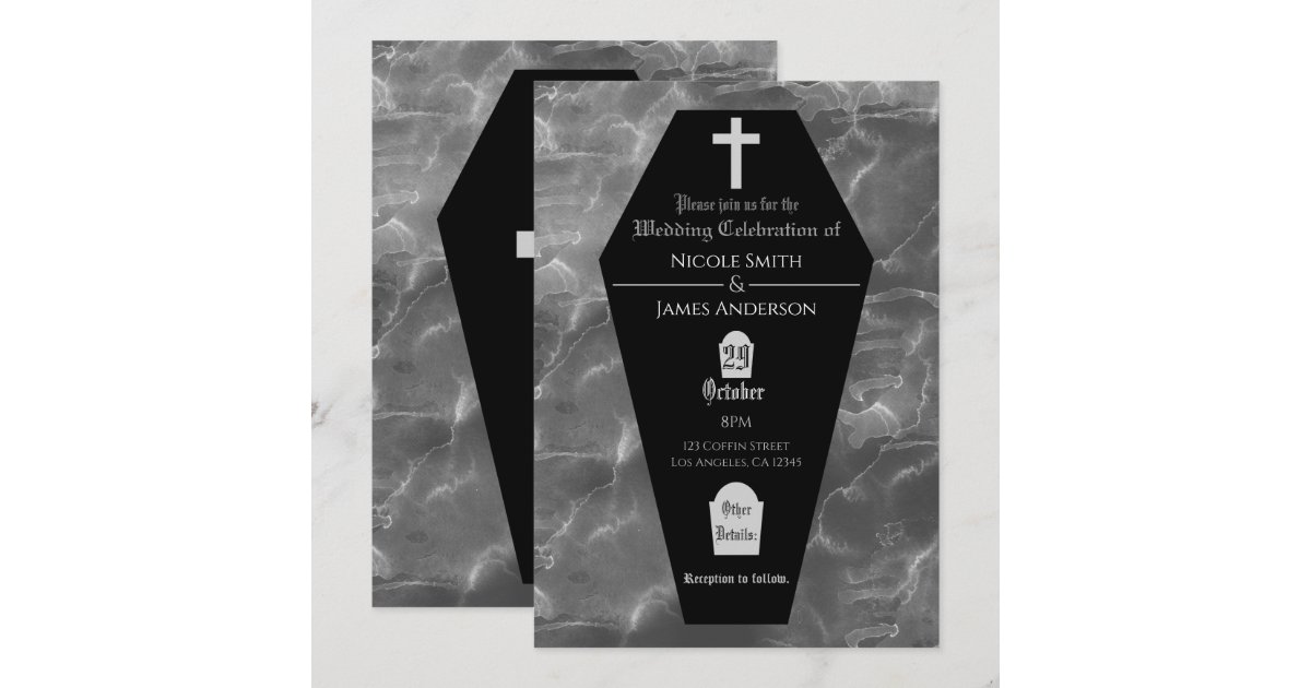 Black Coffin Tombstone Gothic Halloween Wedding Invitation | Zazzle