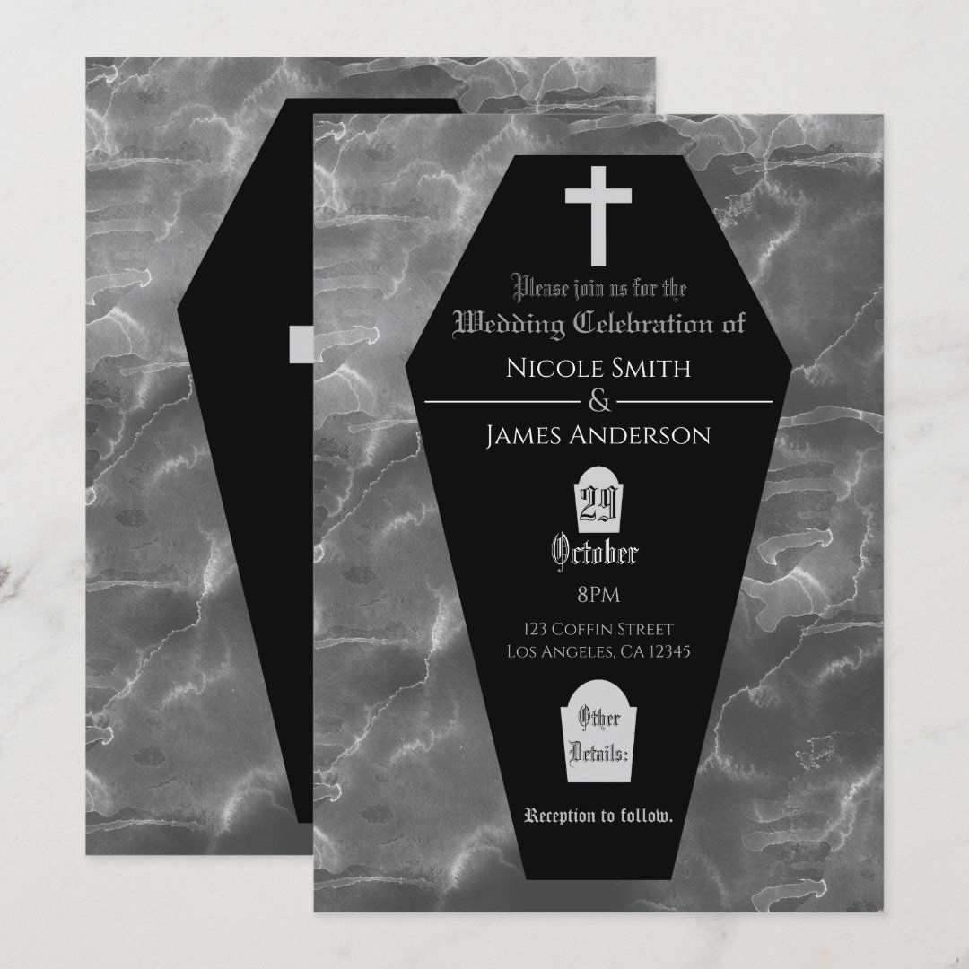 Black Coffin Tombstone Gothic Halloween Wedding Invitation | Zazzle