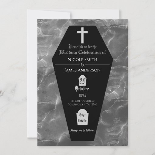 Black Coffin Tombstone Gothic Halloween Wedding Invitation | Zazzle