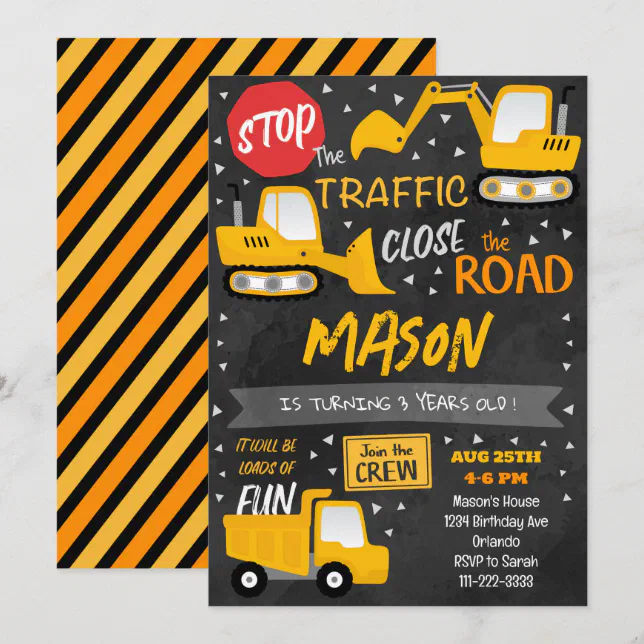 Black Construction Vehicles Birthday Invitation | Zazzle