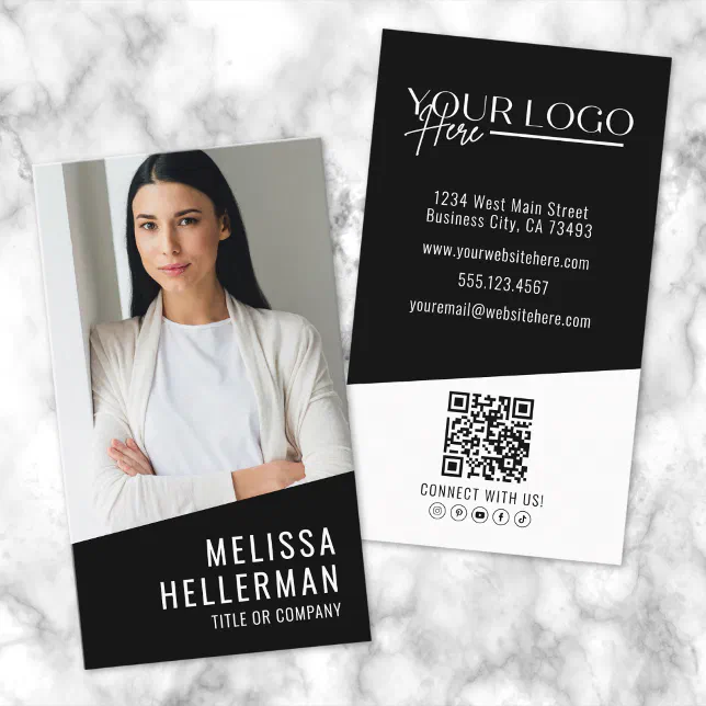 Black Contemporary Photo QR Code Logo Vertical Business Card | Zazzle