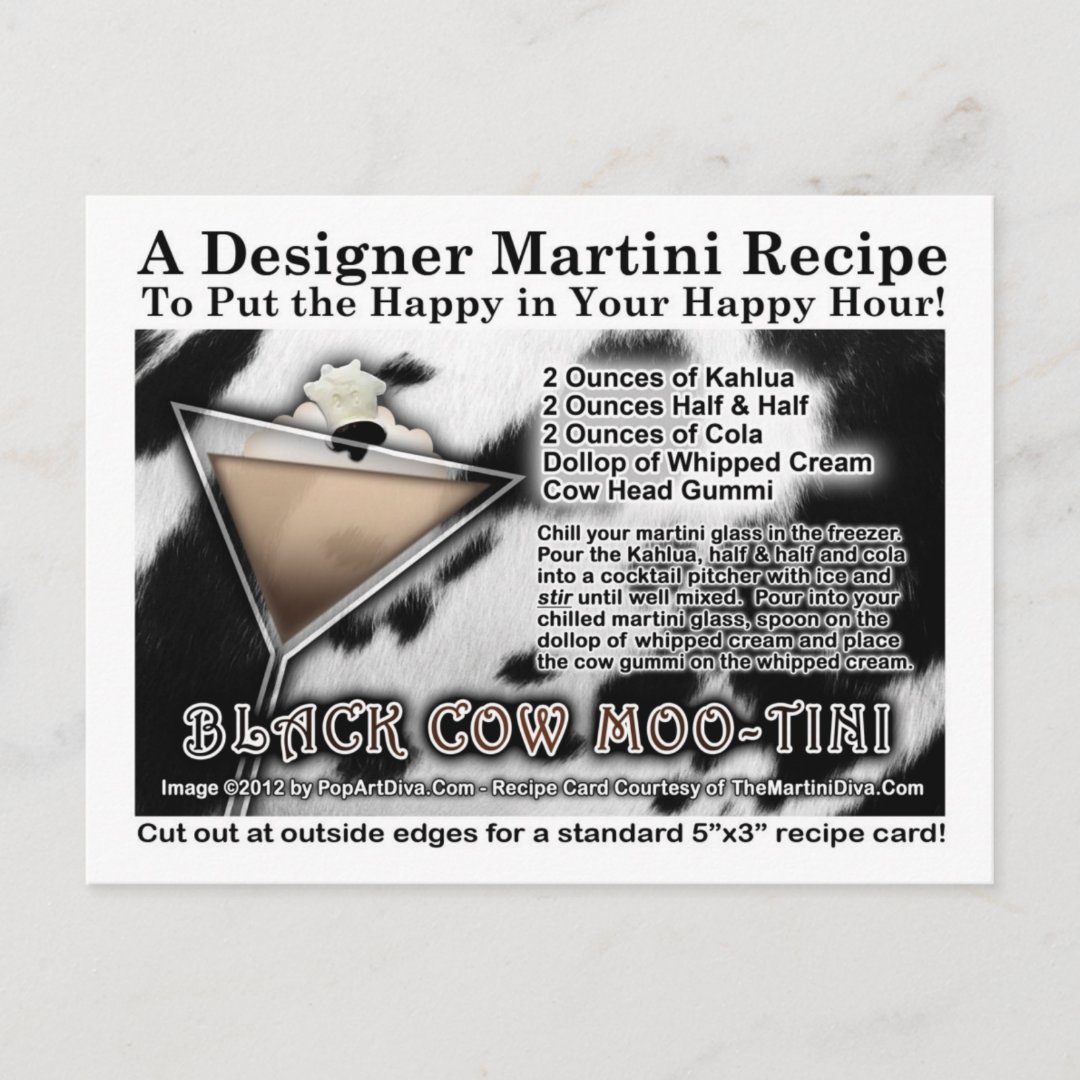 Black Cow Moo-Tini Martini Recipe Postcard | Zazzle
