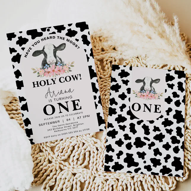 Black Cow Print Arch Floral Holy Cow 1st Birthday Invitation | Zazzle
