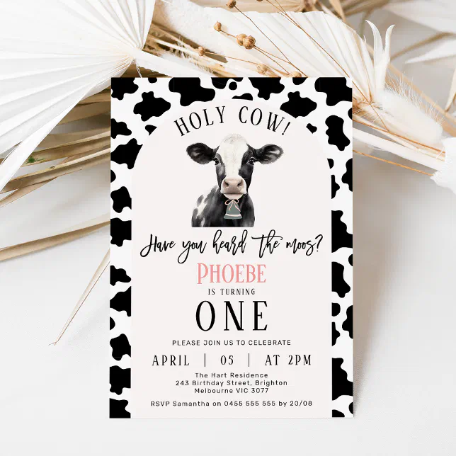 Black Cow Print Pink Arch Holy Cow 1st Birthday Invitation | Zazzle