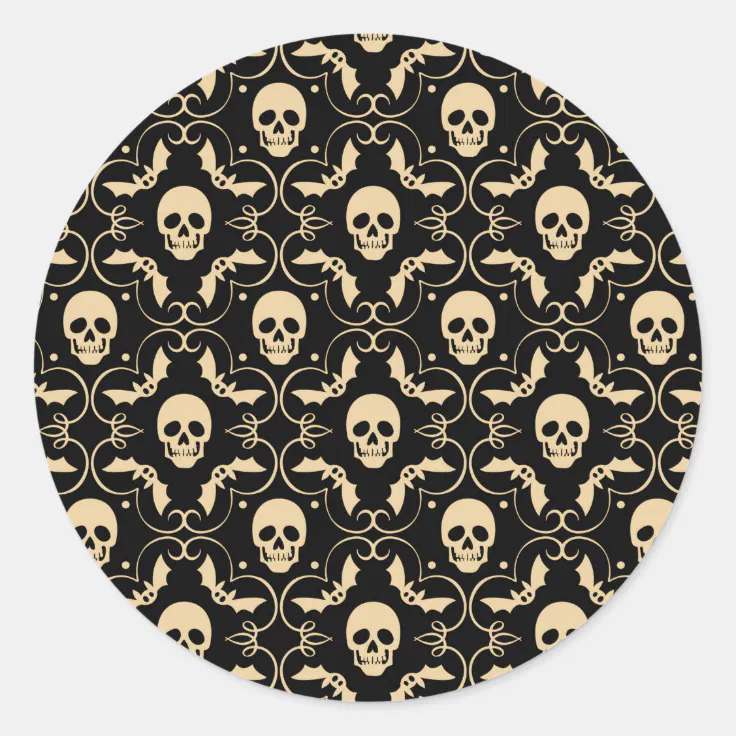 Black & Cream Halloween Skulls & Bats Party Classic Round Sticker | Zazzle