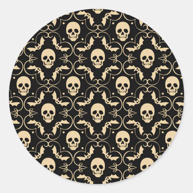 Black & Cream Halloween Skulls & Bats Party Classic Round Sticker | Zazzle