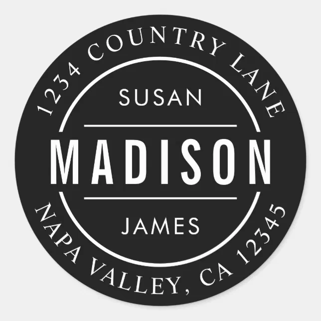 Black Create Your Own Family Name Return Address Classic Round Sticker ...