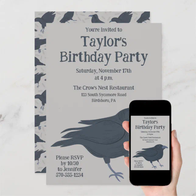 Black Crow Light Gray Custom Party Invitation | Zazzle
