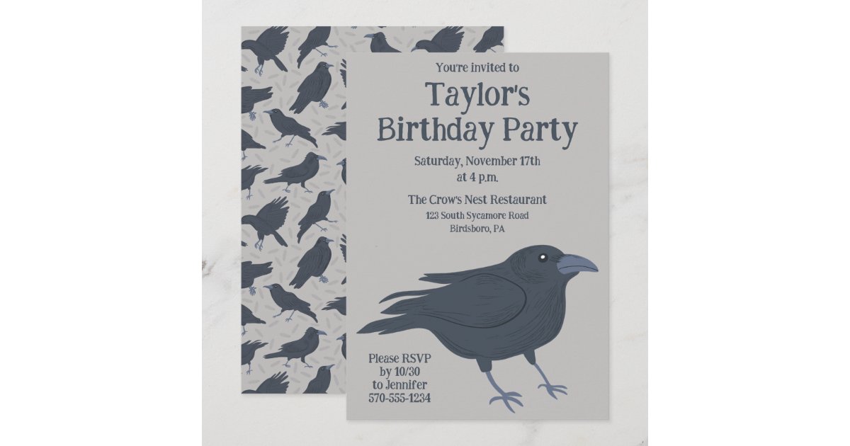 Black Crow Light Gray Custom Party Invitation | Zazzle
