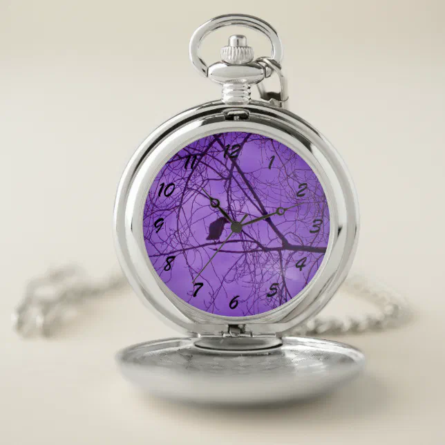 Black Crow Silhouette Barren Tree Branches Purple Pocket Watch | Zazzle