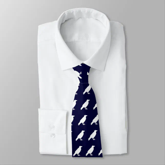 Black Crow White Silhouette on Navy Blue Tie | Zazzle