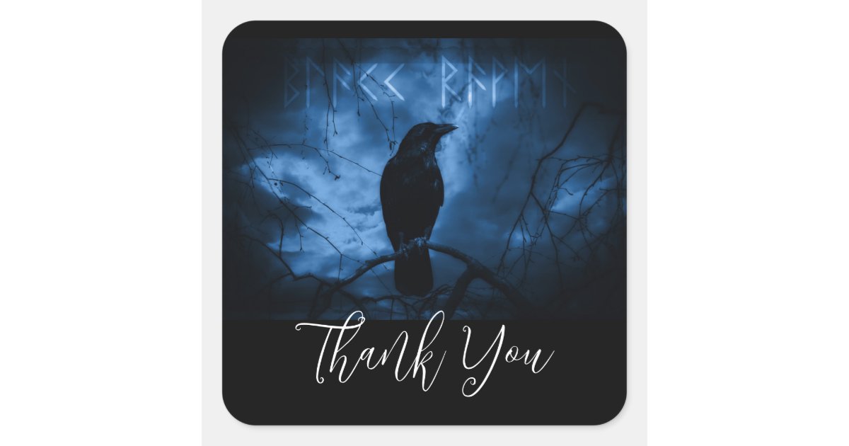 Black Crow with Runes Dark Goth Style Thank You Square Sticker | Zazzle