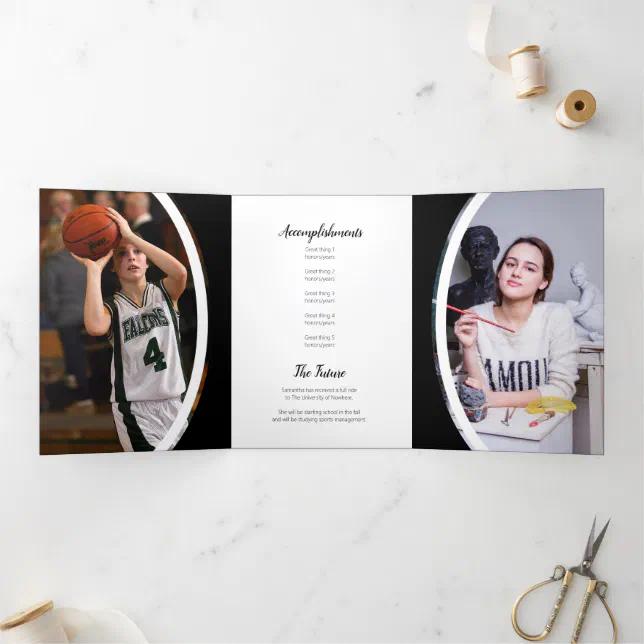 Black Curved Frame Three Photo Graduation Tri-Fold Invitation | Zazzle