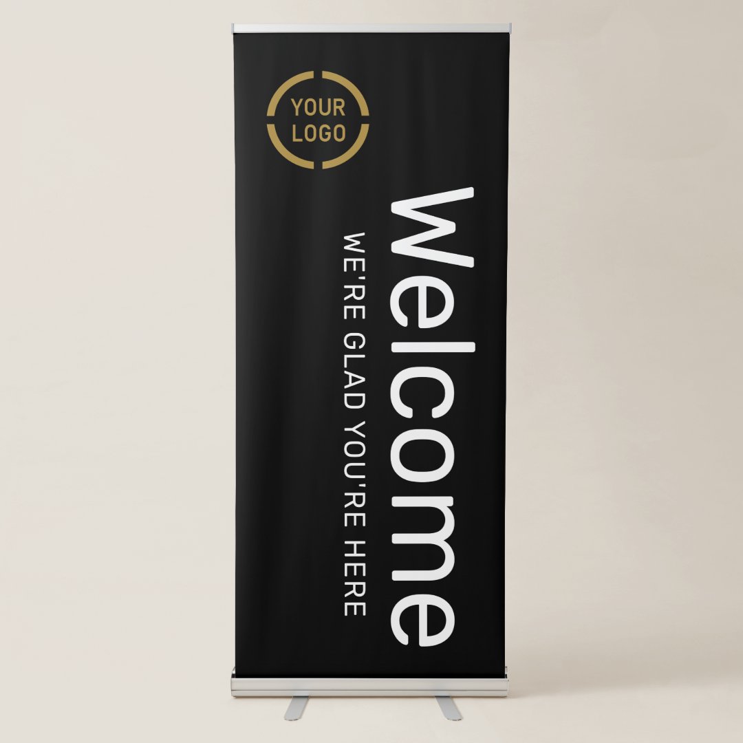 Black Custom Company Logo Welcome Retractable Banner | Zazzle