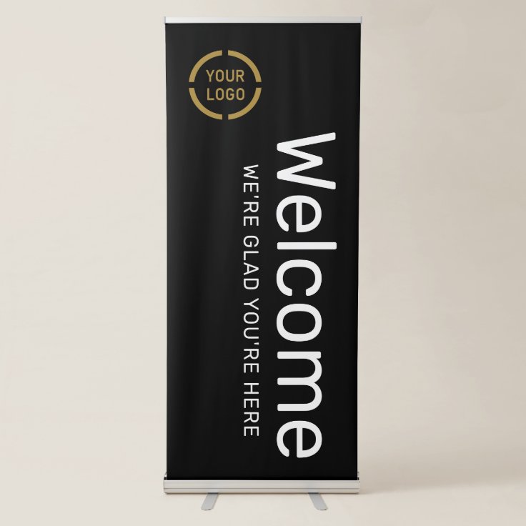 Black Custom Company Logo Welcome Retractable Banner | Zazzle