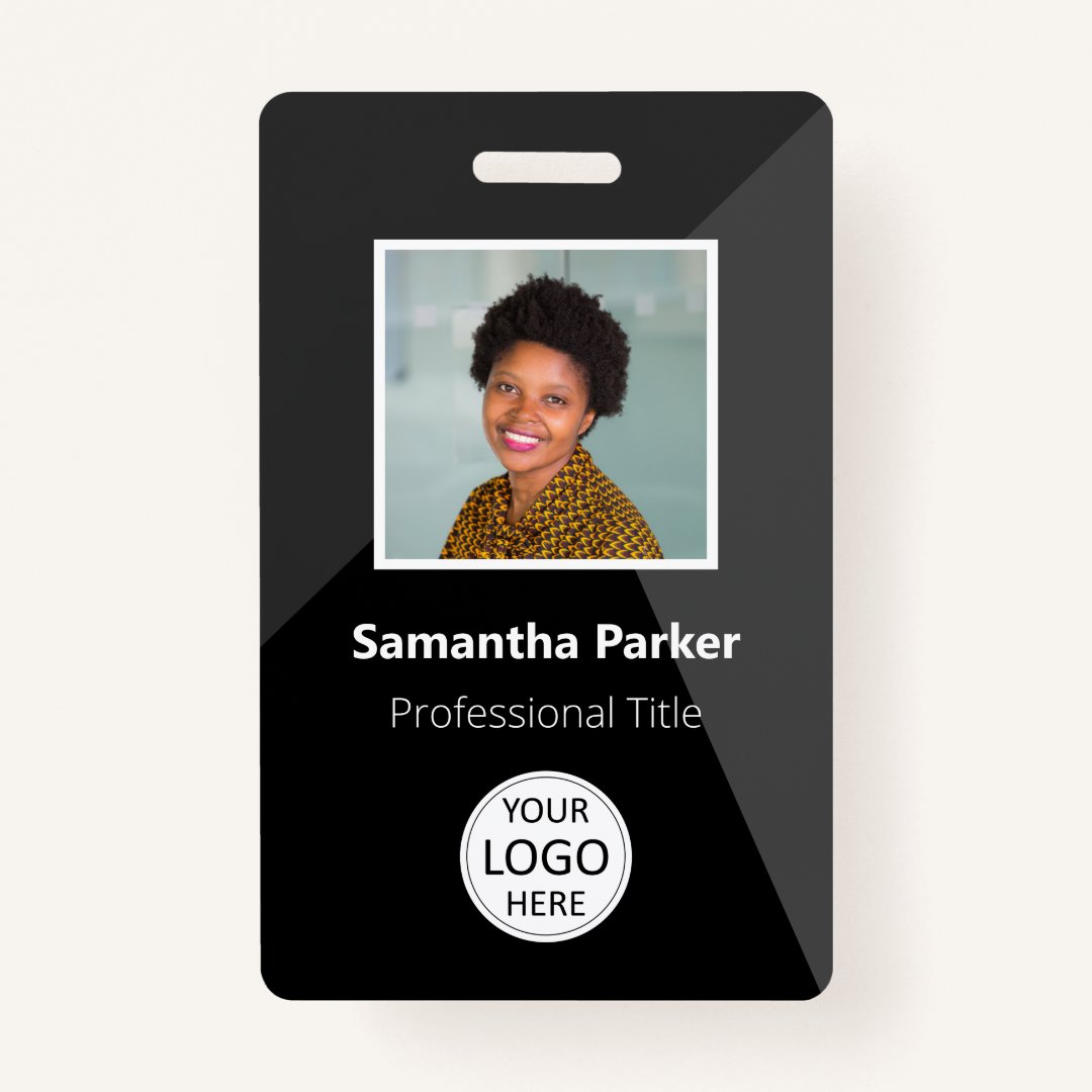 Black Custom Employee - Photo ID, Logo, Bar Code Badge | Zazzle