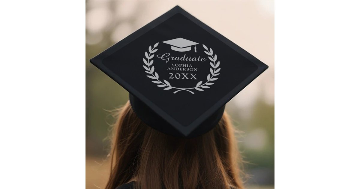 Black Custom Laurel Wreath Grad Name & Year Emblem Graduation Cap ...