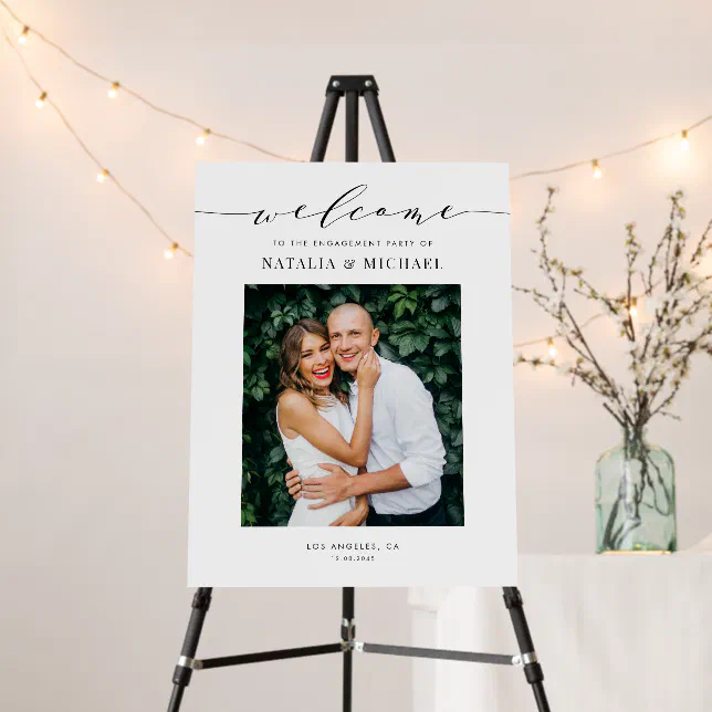 Black Dainty Script Photo Engagement Party Welcome Foam Board | Zazzle
